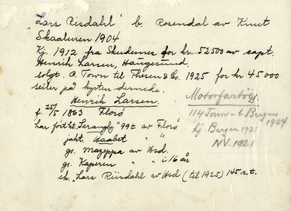 Skonnert 'Lars Risdahl' (b.1904, Knut Skaaluren, Rosendal) -Norsk ...