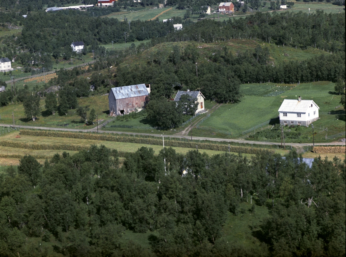 Flyfoto av bebyggelse i Store-Fauskevåg, I bakgrunnen bebyggelse i ...