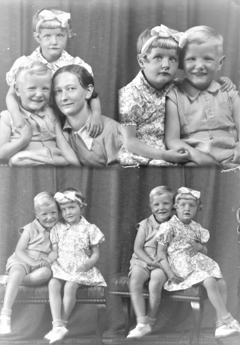 Portrett. Familiegruppe på to og tre. Ung kvinne, ung pike og ung gutt ...