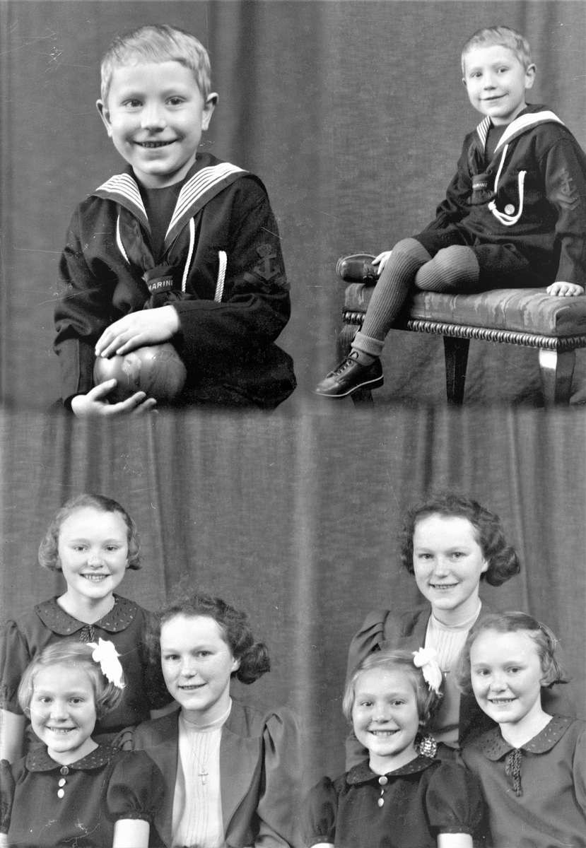 Portrett. Familiegruppe på tre +ung gutt.. Tre ungdommer - piker ...