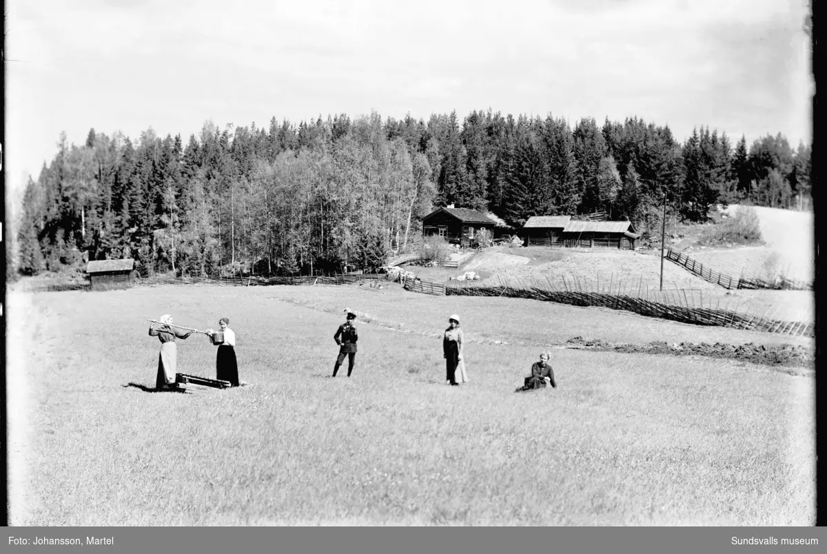 Fyra kvinnor och en man på en lägda och i bakgrunden ett litet timrat ...