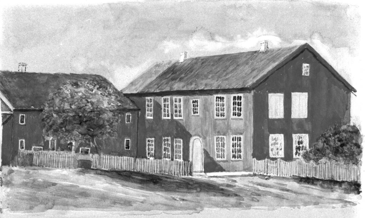 Våle prestegård, bebyggelse, framhus, sidebygg, hage, stakittgjerde ...