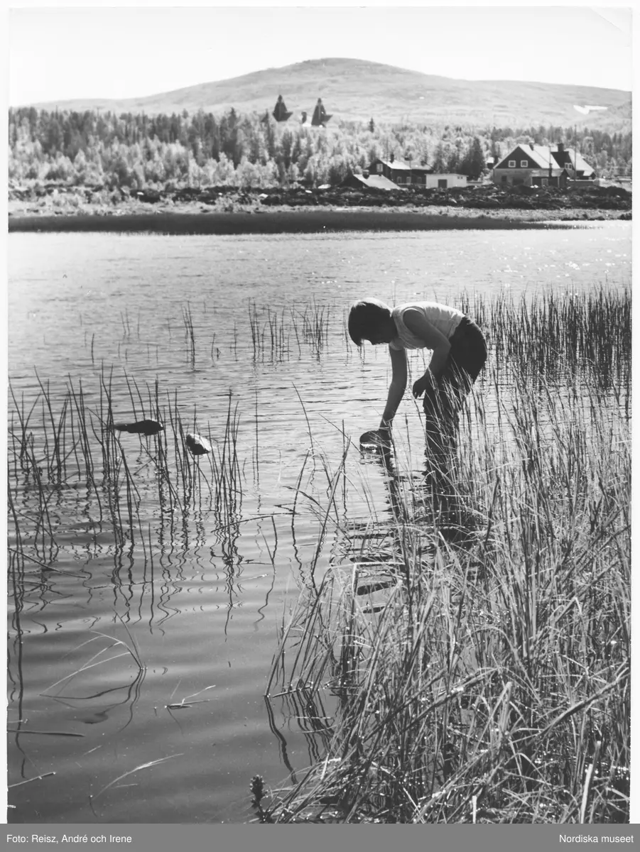 Lappland. Ett barn hämtar vatten från Vassaraälven, vattendrag väster ...
