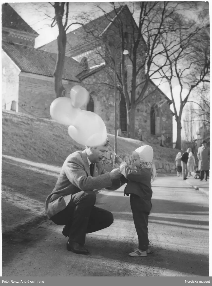 Valborgsmässoafton i Uppsala. En man i studentmössa knyter en ballong ...