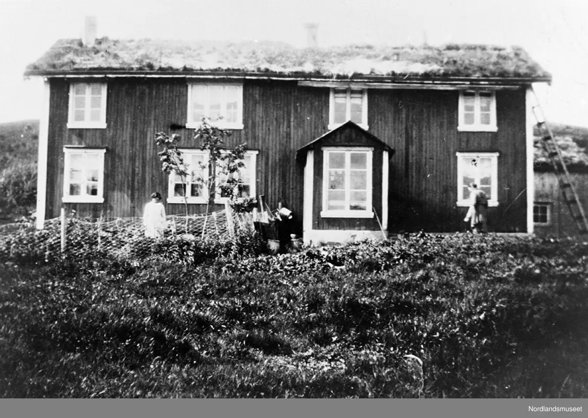 Hus med torvtak. To (tre?) piper på taket. Mark, gjerde og to personer ...