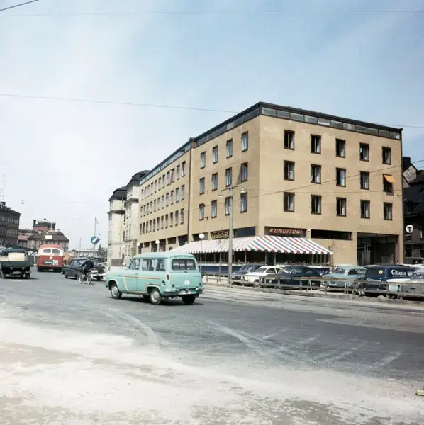 Kvarteret Icarus vid Munkbron år 1959 -Spårvägsmuseet / DigitaltMuseum