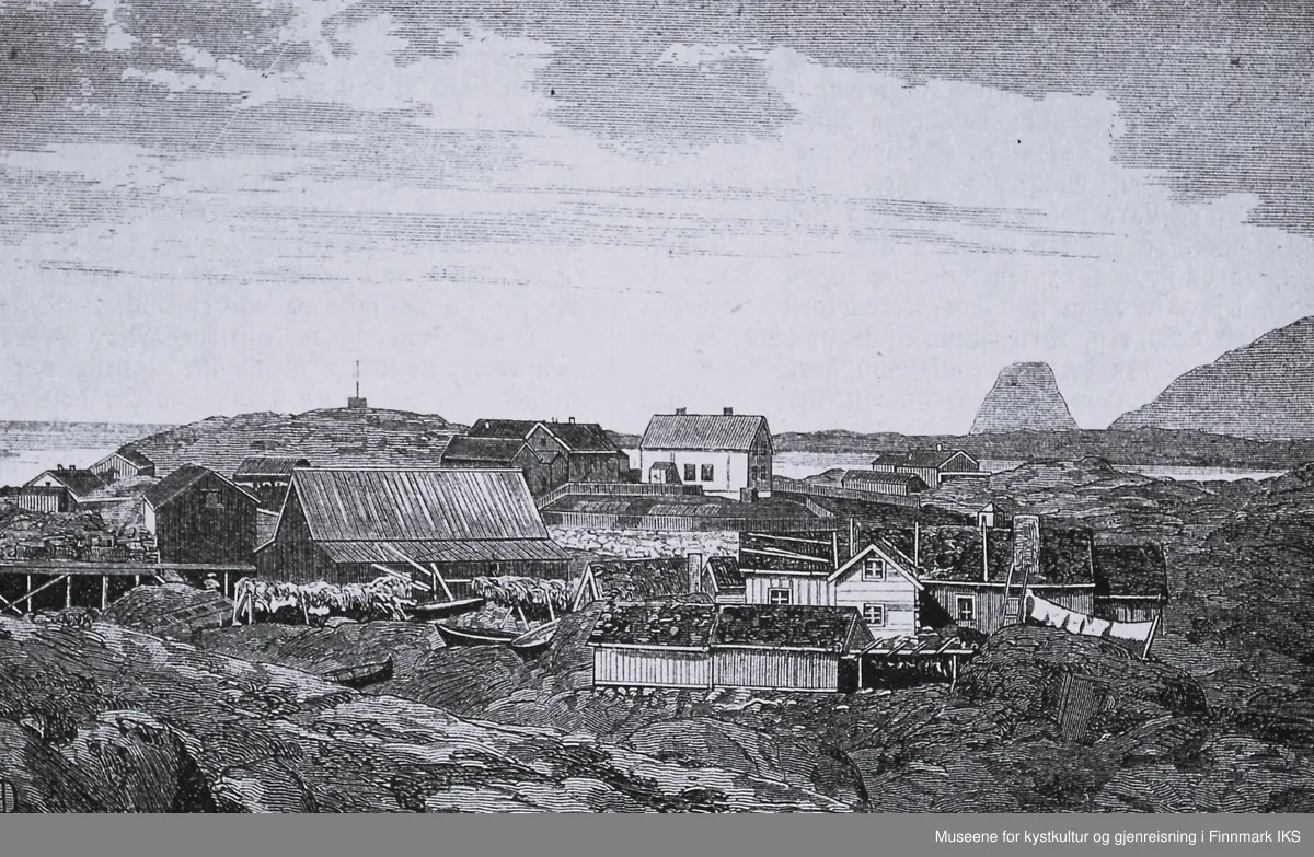 Gjesvær-området. Bebyggelsen i Gammelvær. I bakgrunnen deler av ...