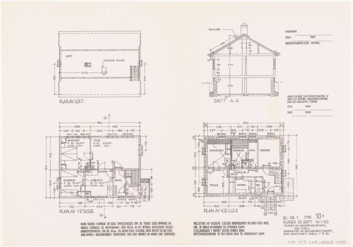 Boligdirektoratets typetegning nr. 10, planer og snitt [Arbeidstegning ...