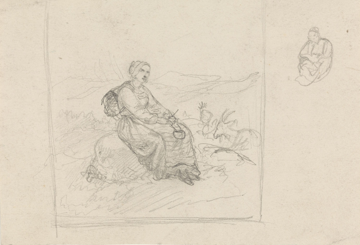 Sittende seterjente og geit [Tegning] -Nasjonalmuseet ...