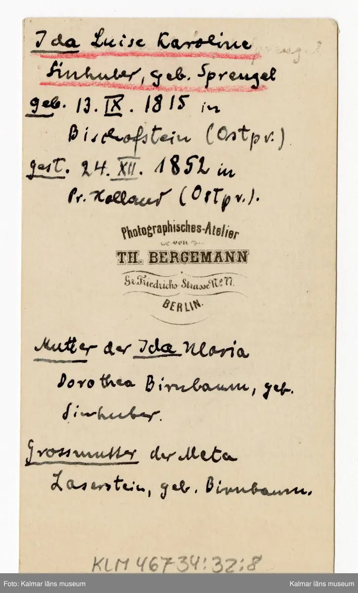 Ida Luise Karoline Sinhuber (f. Sprengel, 1815-1852), mor till Ida Maria Dorothea Birnbaum (f ...