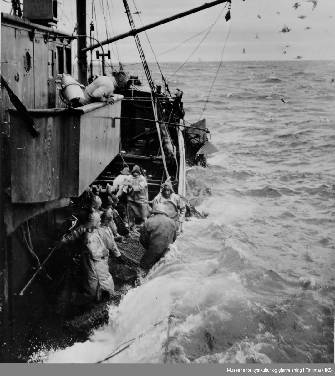 Mannskap i arbeid på sidetråler ute på havet. Trålen hives inn ...