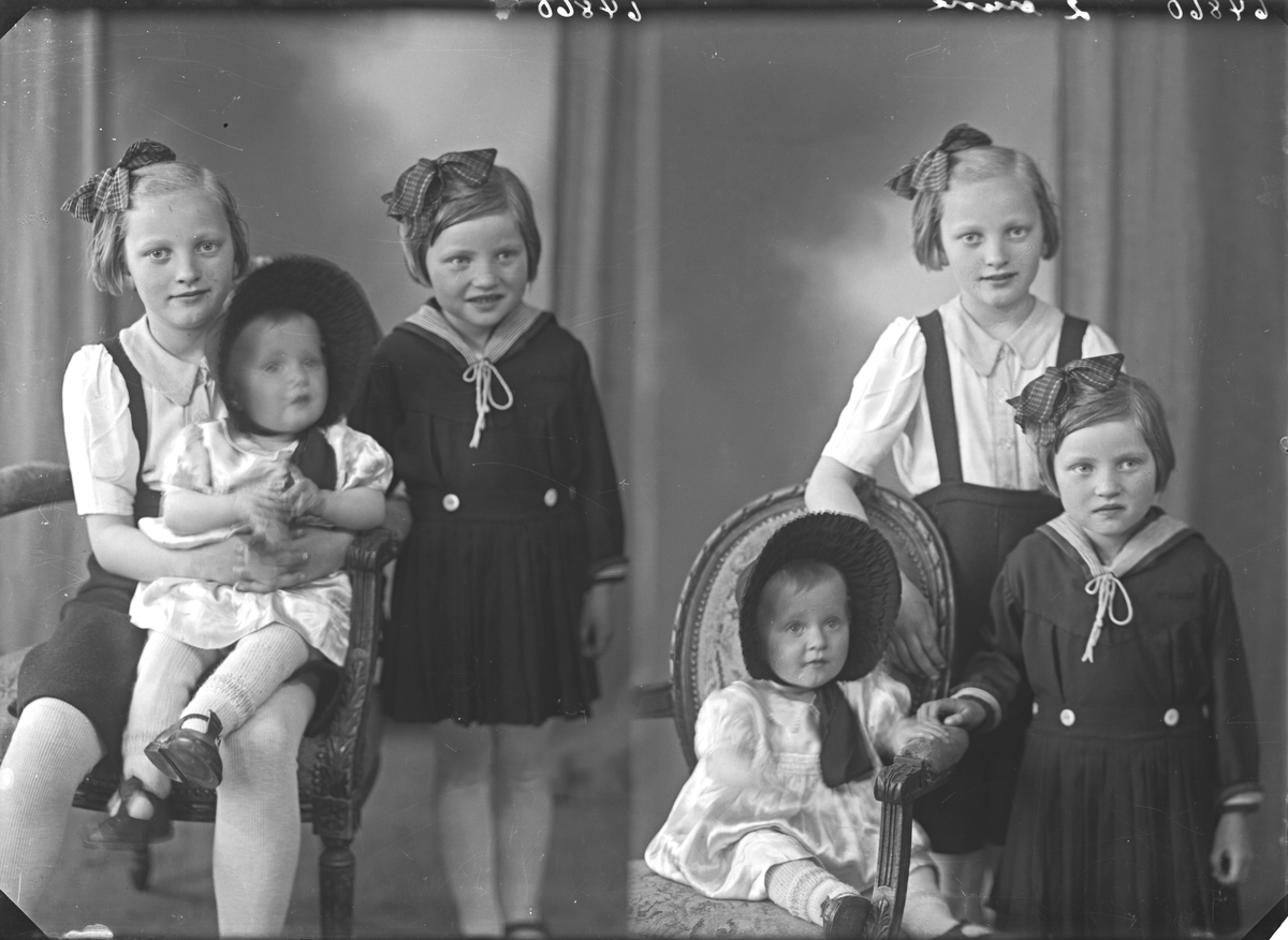 Portrett. Gruppe på tre barn i varierende alder. Tre piker. Søsken ...