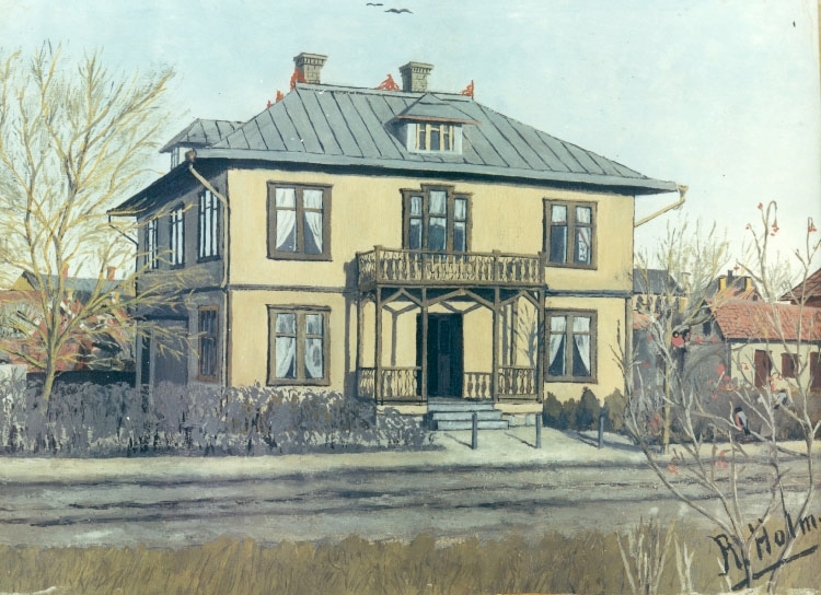 Skara. Färgfoto av akvarell utförd av fysikern Ragnar Holm år 1895 ...