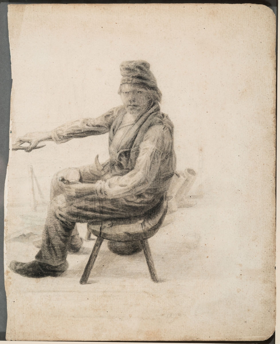 Sittende skomaker, (broren Knut?) [Tegning] -Kode / DigitaltMuseum
