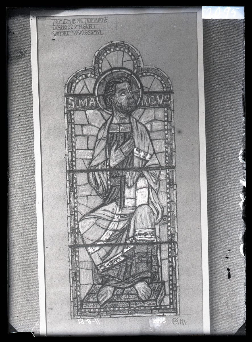 Arbeidstegning (pastelskisse) til nye glassmalerier i søndre tverrskip ...